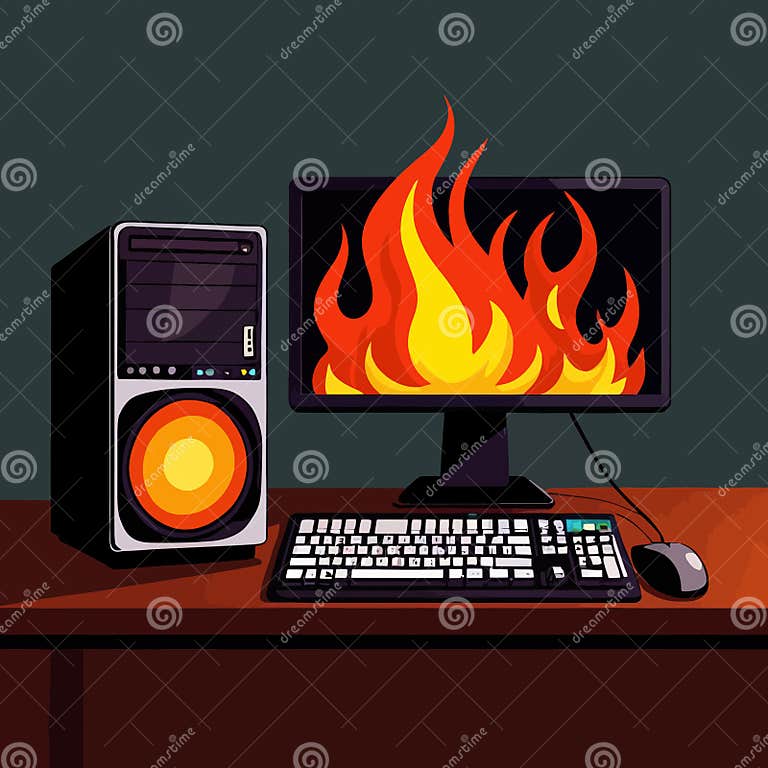 Computer on Fire, Indicating Computer Overheating and Failure, Vector ...