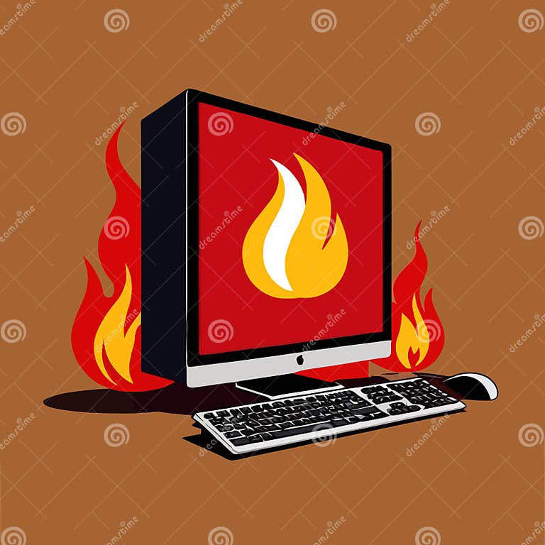 Computer on Fire, Indicating Computer Overheating and Failure, Vector ...