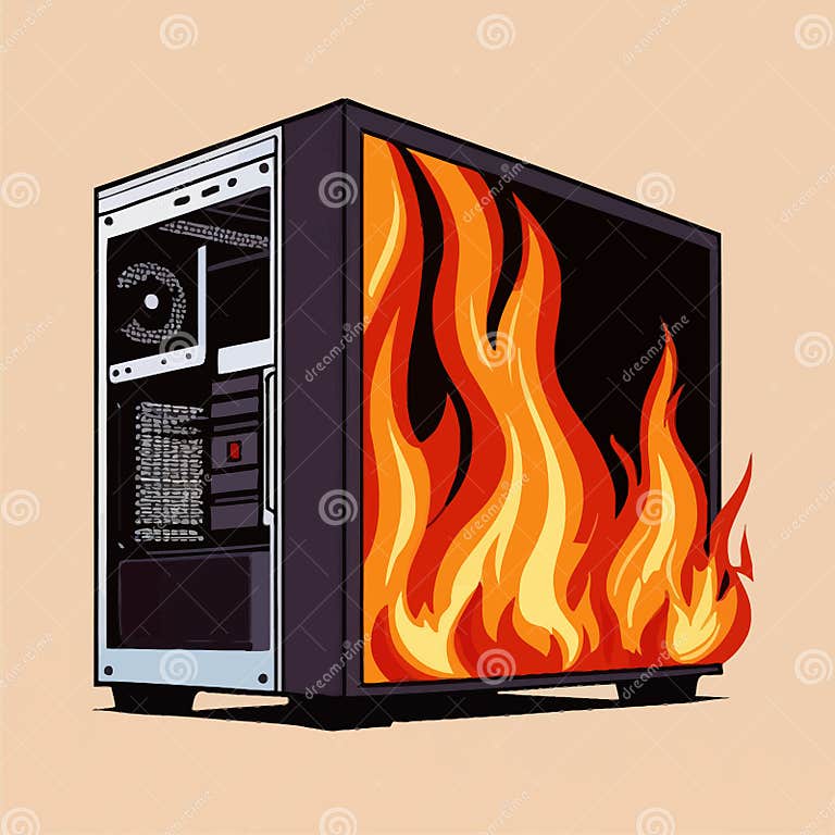 Computer on Fire, Indicating Computer Overheating and Failure, Vector ...