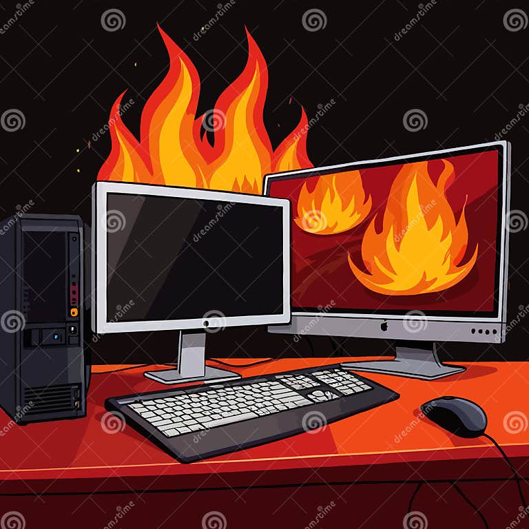 Computer on Fire, Indicating Computer Overheating and Failure, Vector ...