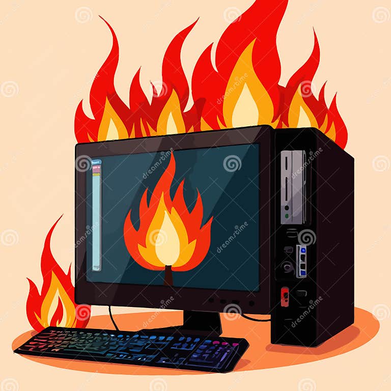 Computer on Fire, Indicating Computer Overheating and Failure, Vector ...