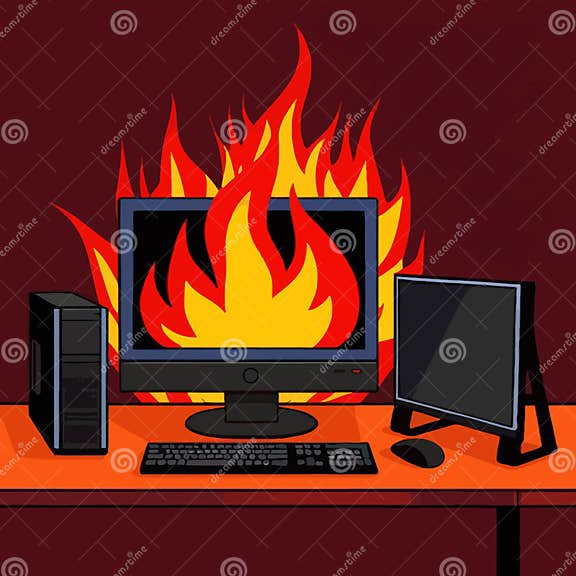 Computer on Fire, Indicating Computer Overheating and Failure, Vector ...