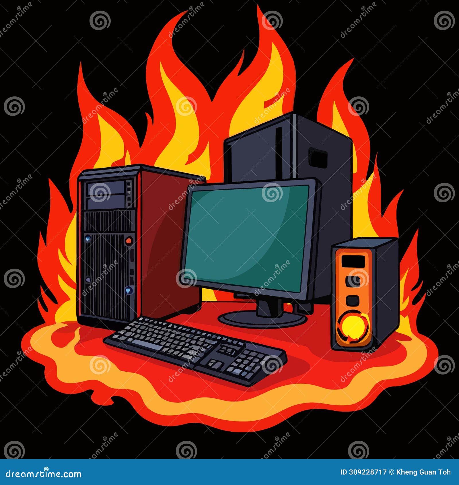 Computer on Fire, Indicating Computer Overheating and Failure, Vector ...