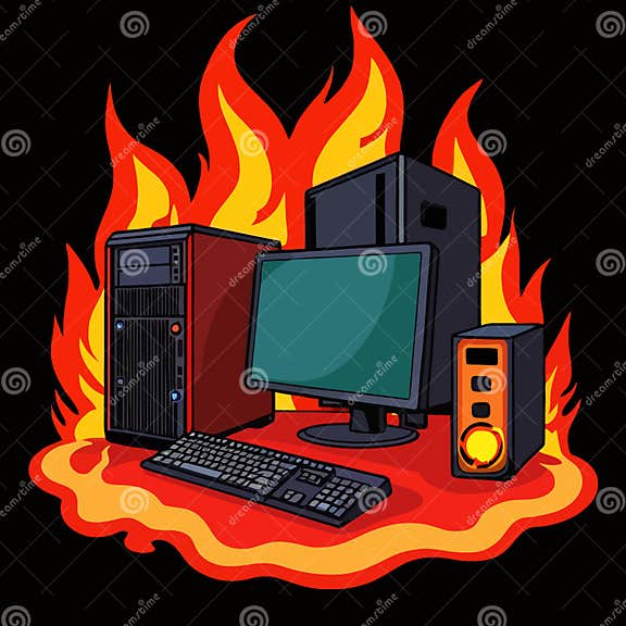 Computer on Fire, Indicating Computer Overheating and Failure, Vector ...