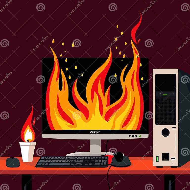 Computer on Fire, Indicating Computer Overheating and Failure, Vector ...