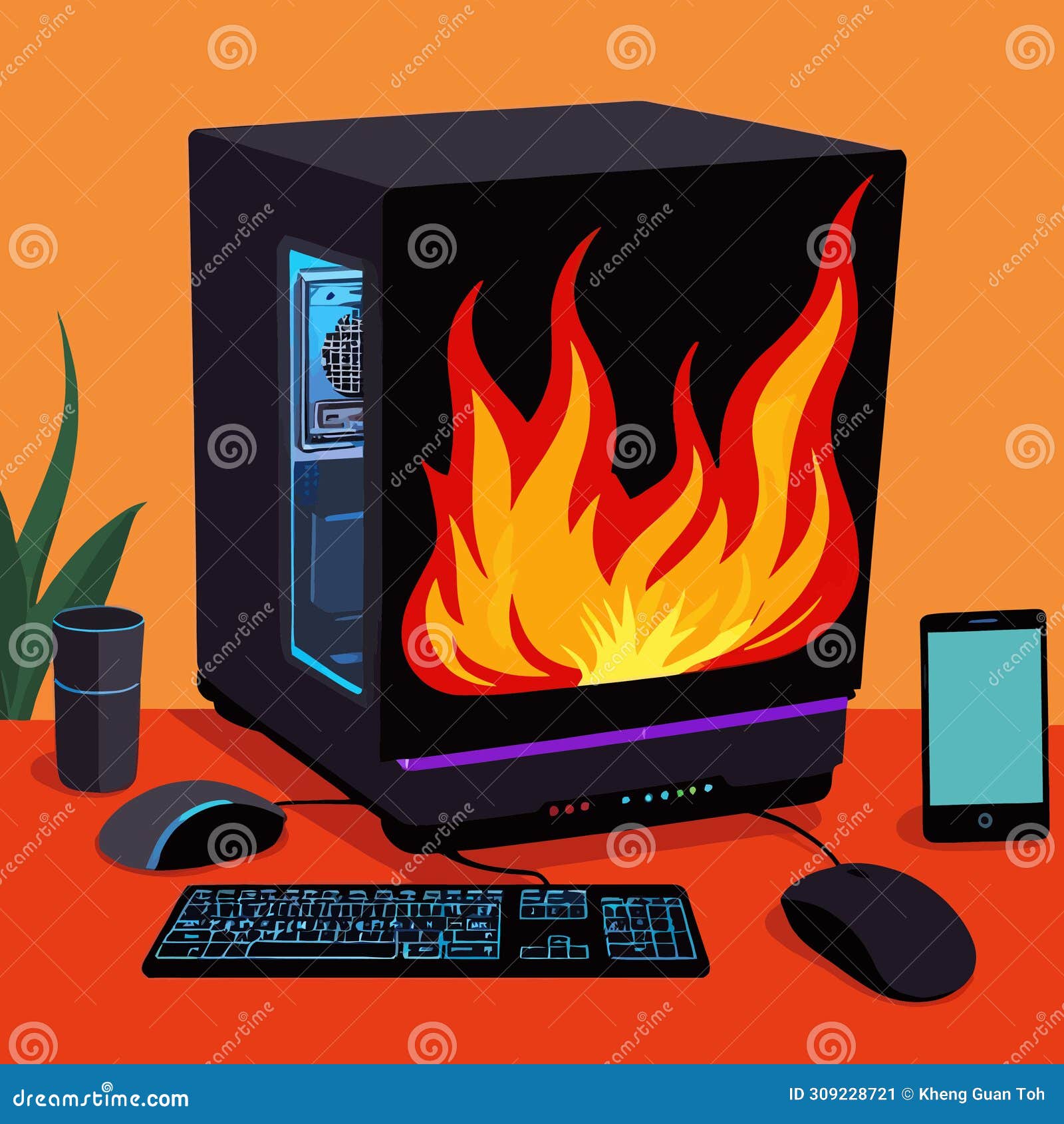 Computer on Fire, Indicating Computer Overheating and Failure, Vector ...