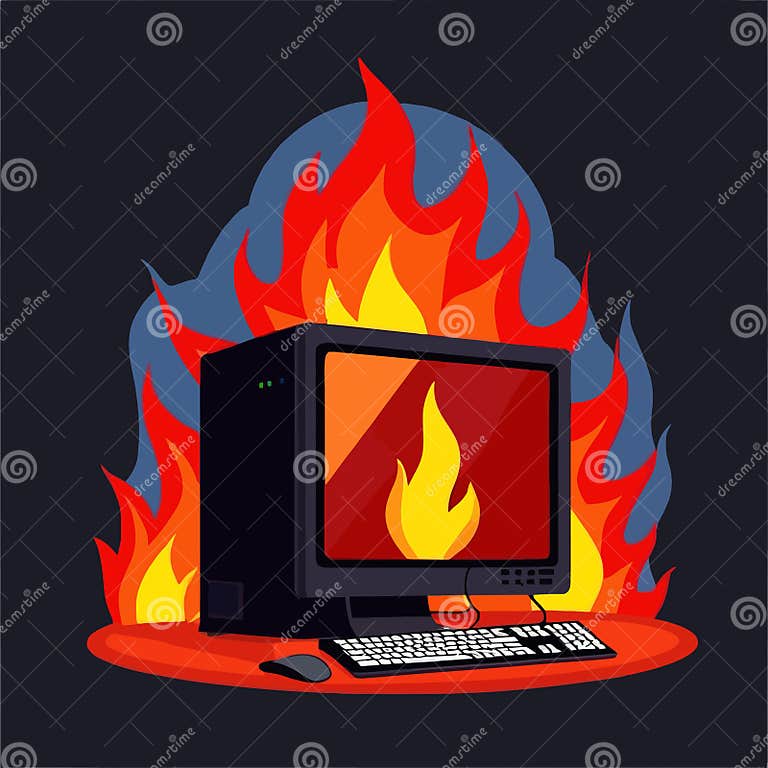 Computer on Fire, Indicating Computer Overheating and Failure, Vector ...
