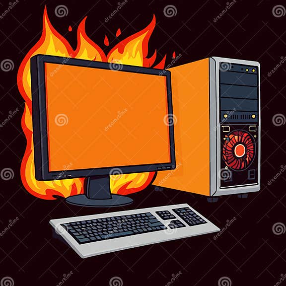 Computer on Fire, Indicating Computer Overheating and Failure, Vector ...