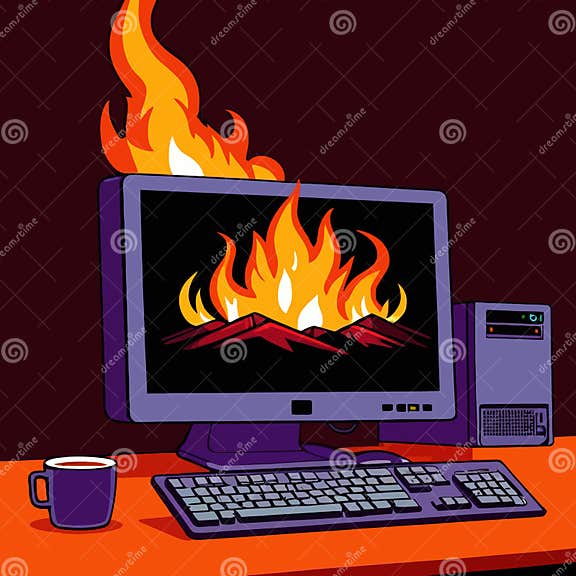 Computer on Fire, Indicating Computer Overheating and Failure, Vector ...