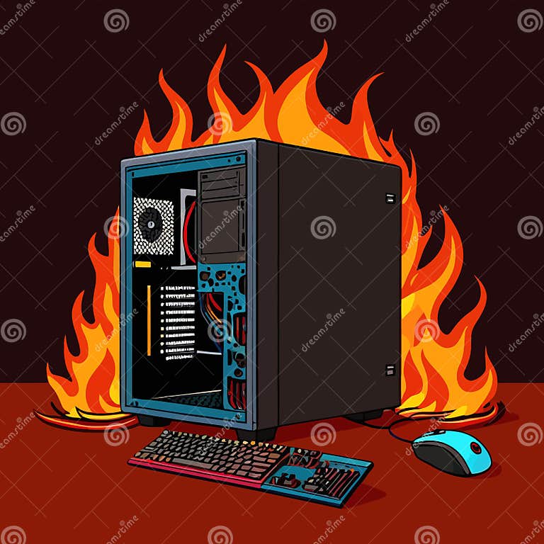 Computer on Fire, Indicating Computer Overheating and Failure, Vector ...