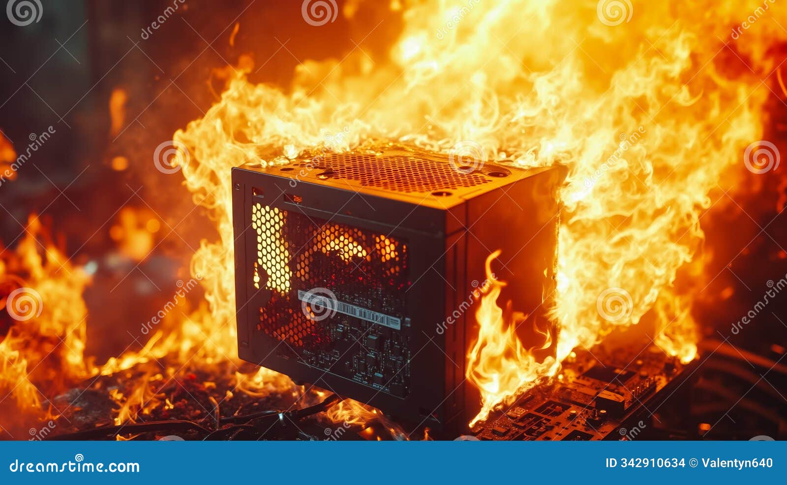 A Computer on Fire with a Computer Motherboard in the Background Stock ...