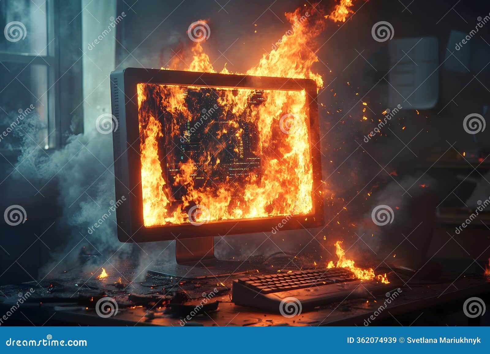 Computer on Fire in Office Setting with Flames Engulfing Equipment ...