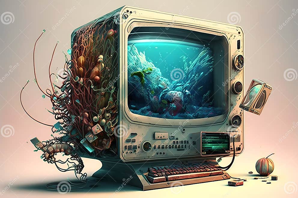 Computer with Fish Tank Inside. Ecosystem Cyberspace. Stock Photo ...