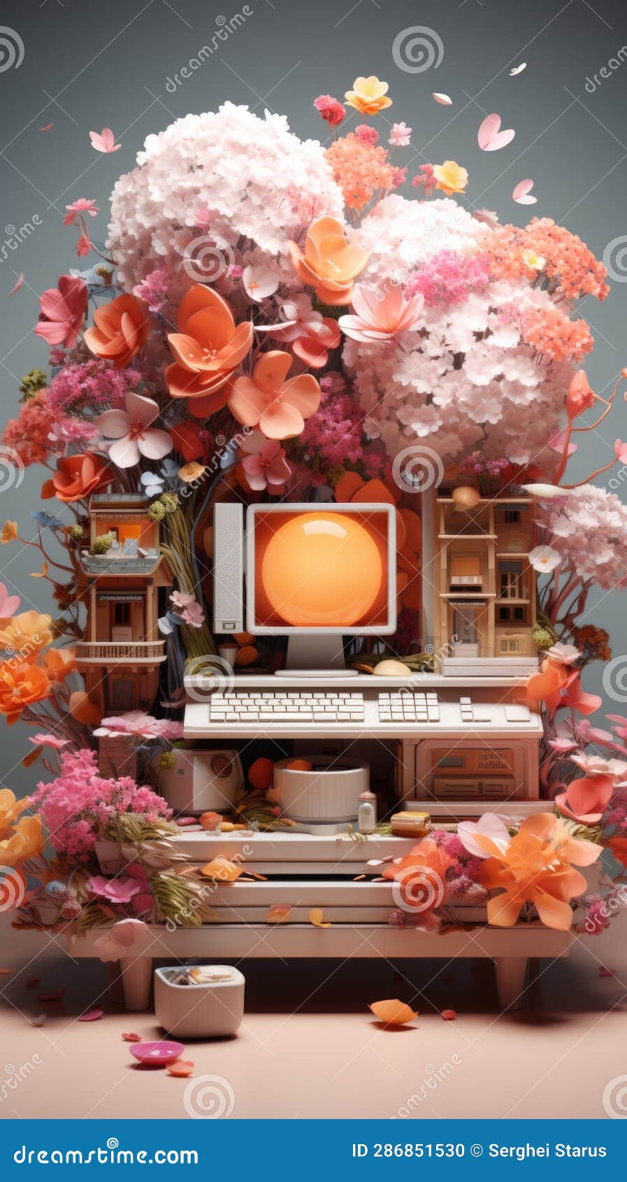 A Computer with Flowers and a Television on Top. Generative AI Image ...