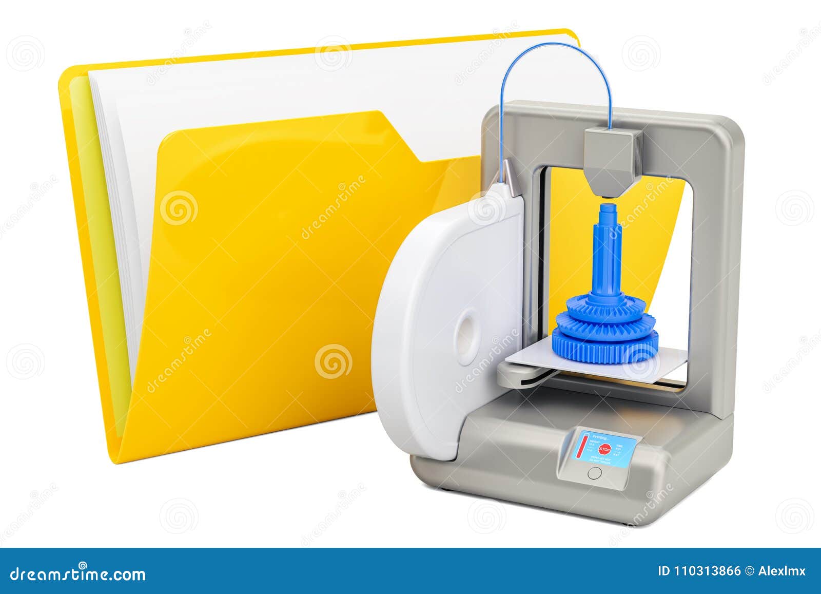 Computer Folder Icon with 3D Printer, 3D Rendering Stock Illustration ...
