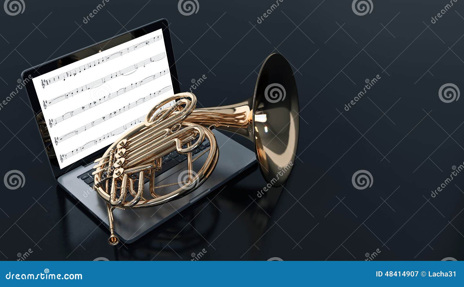 Computer with French horn stock illustration. Illustration of ...