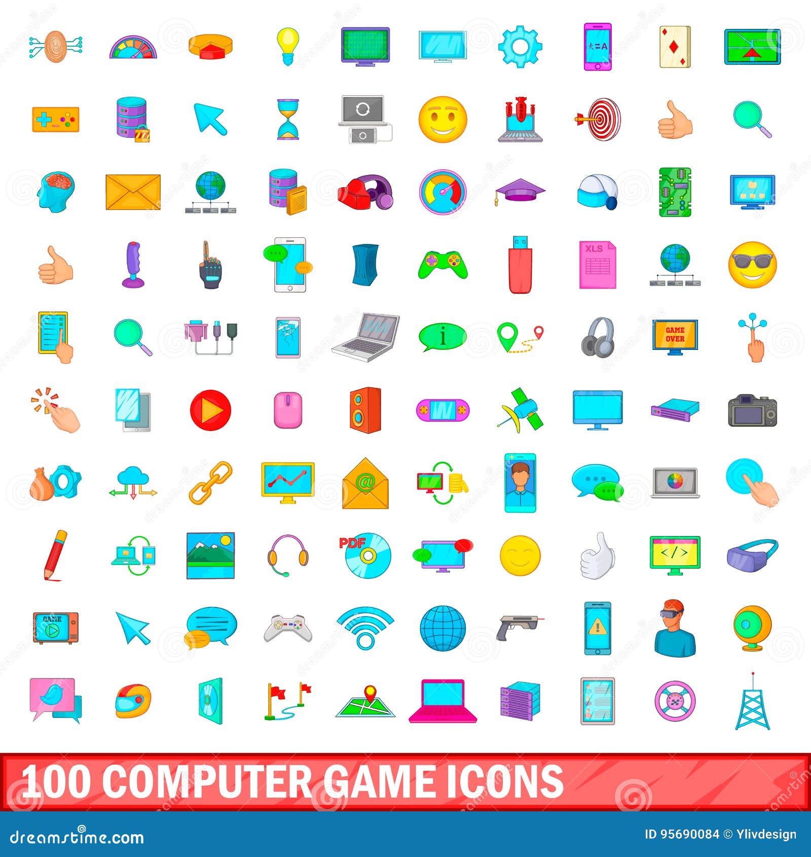 100 Computer Game Icons Set, Cartoon Style Stock Vector - Illustration ...