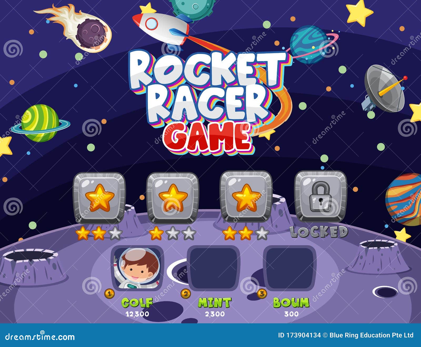 Computer Game Template with Astronaut and Many Planets in Space Stock ...