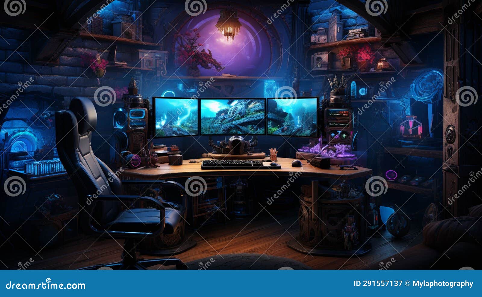 Computer Gamer Office with Rgb Lights Stock Illustration - Illustration ...