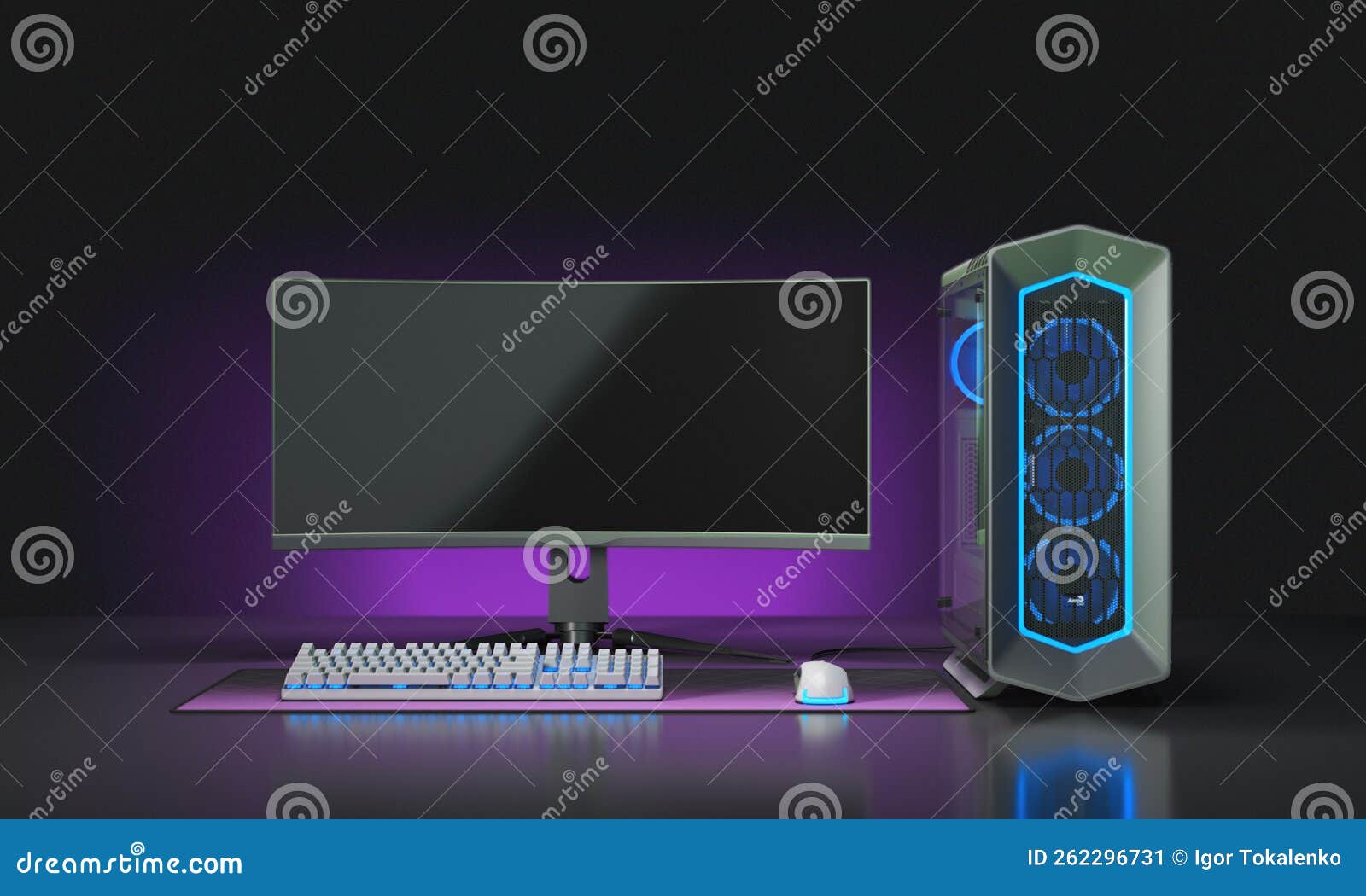 Computer Gaming PC on Desk in Dark Room with Neon Light Futuristic ...