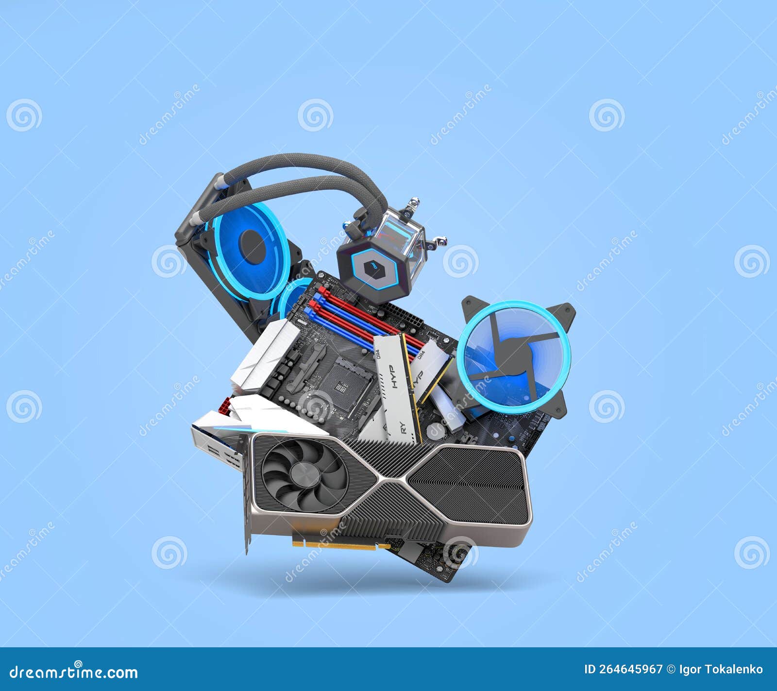 Computer Gaming PC Repair Parts Concept 3d Render Image on Blue Stock ...
