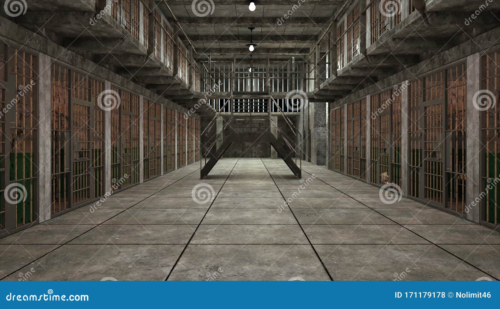 Computer Generated Background. Several Gloomy Prison Blocks on Two ...