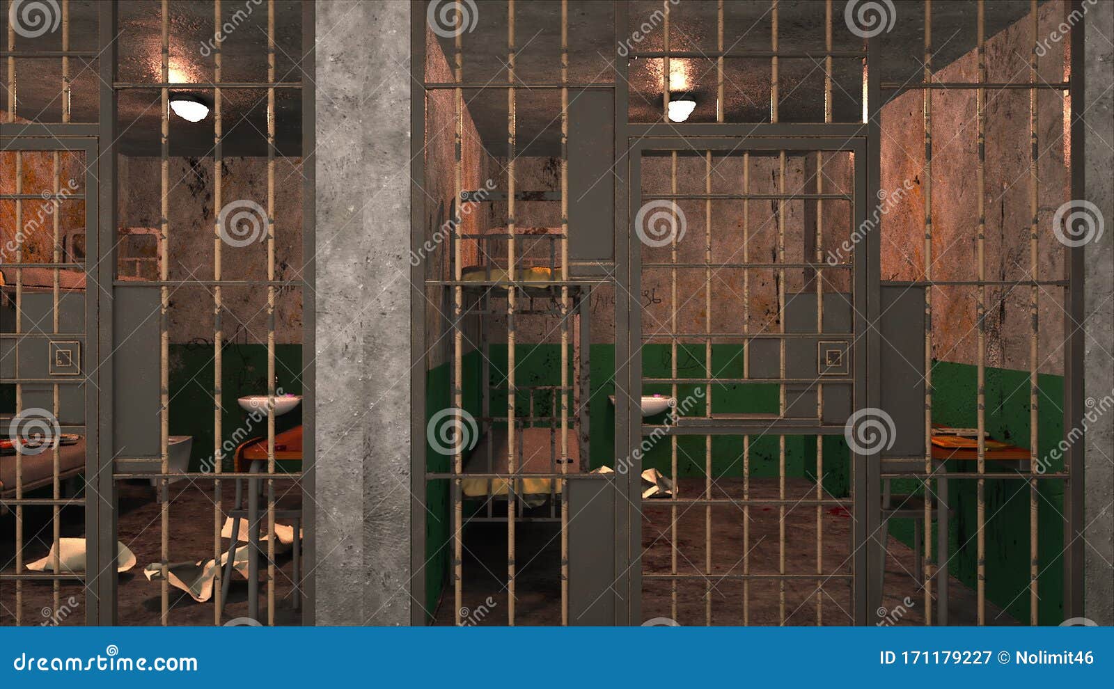 Computer Generated Background. Several Gloomy Prison Blocks on Two ...