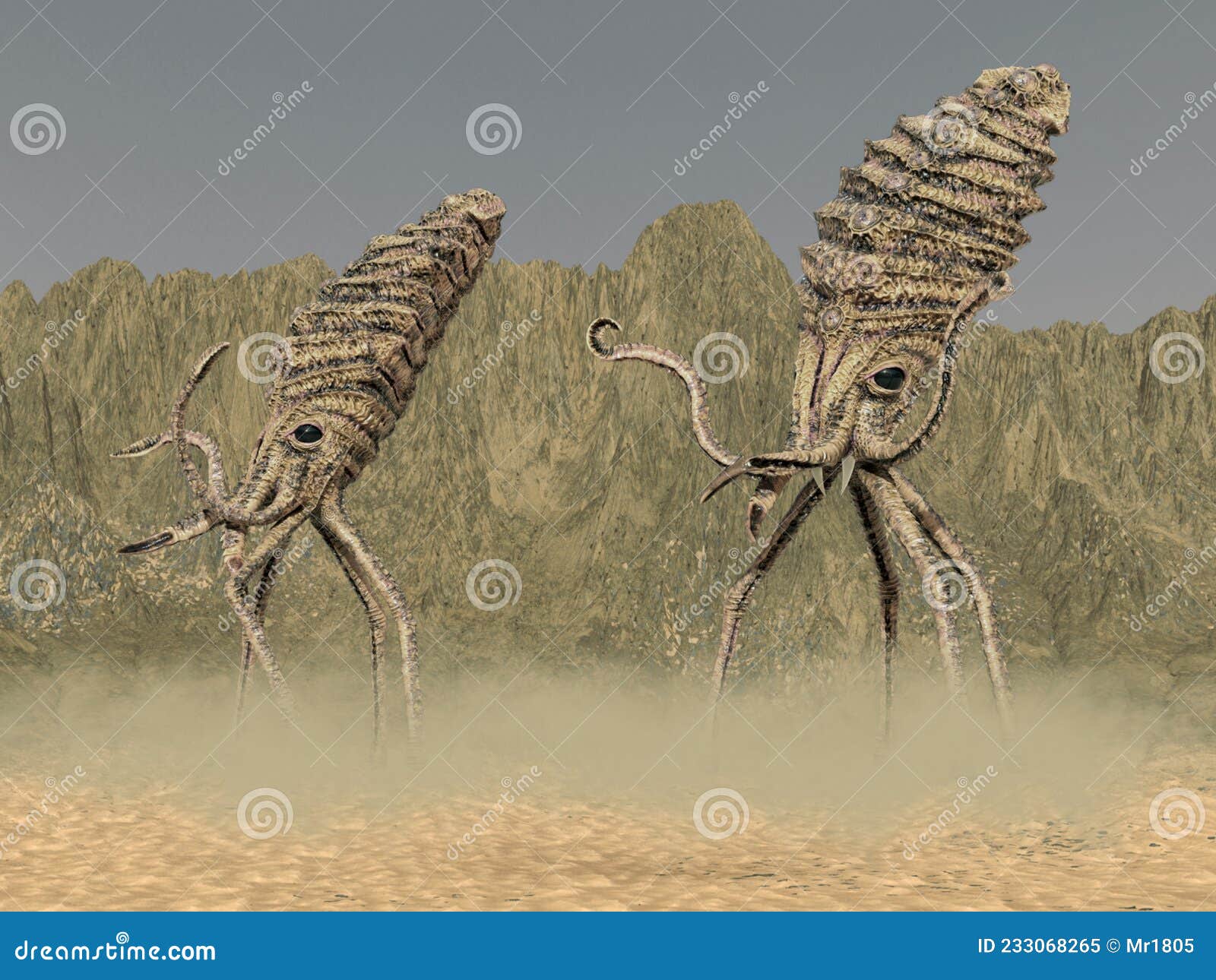 Alien Creatures in a Desert Landscape Stock Illustration - Illustration ...