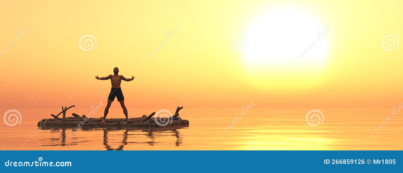 Castaway on a Raft at Sunset Stock Illustration - Illustration of ...