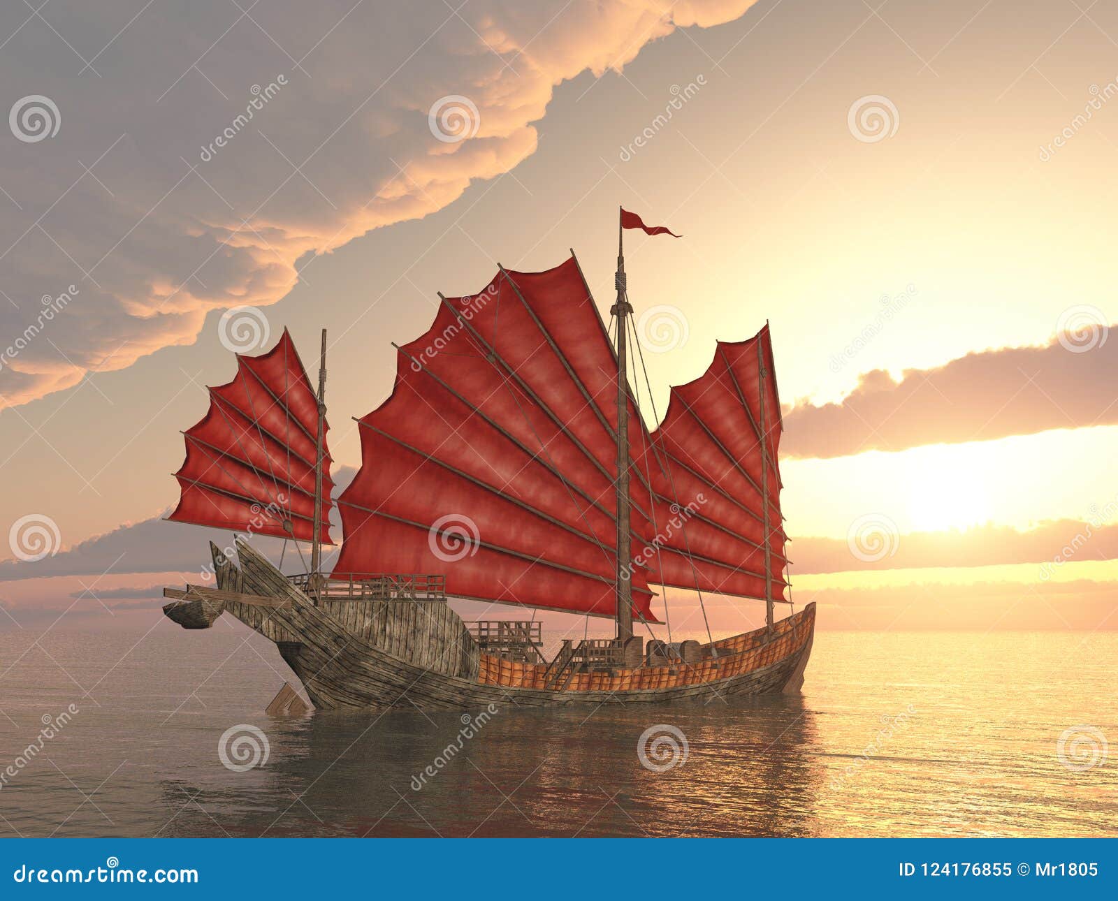 Chinese Junk Ship at Sunset Stock Illustration - Illustration of ocean ...