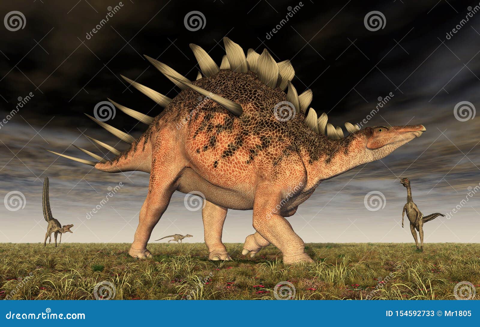 Kentrosaurus Dinosaurs Marching In Prehistoric Landscape Stock Photo ...