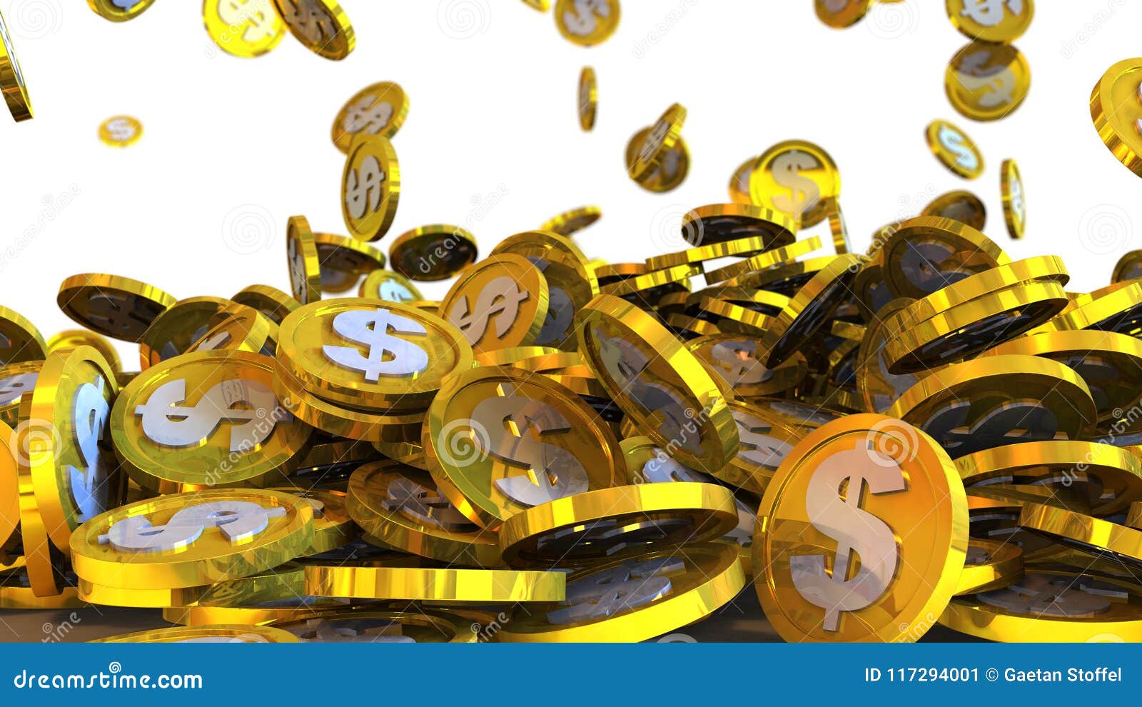 3D Illustration of Dollar Coins Falling on a White Background Stock ...