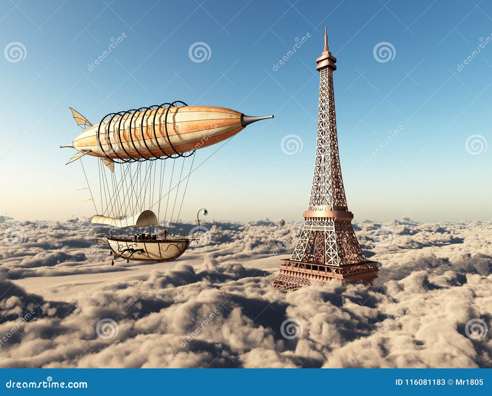 Fantasy Airship and Eiffel Tower Over the Clouds Stock Illustration ...