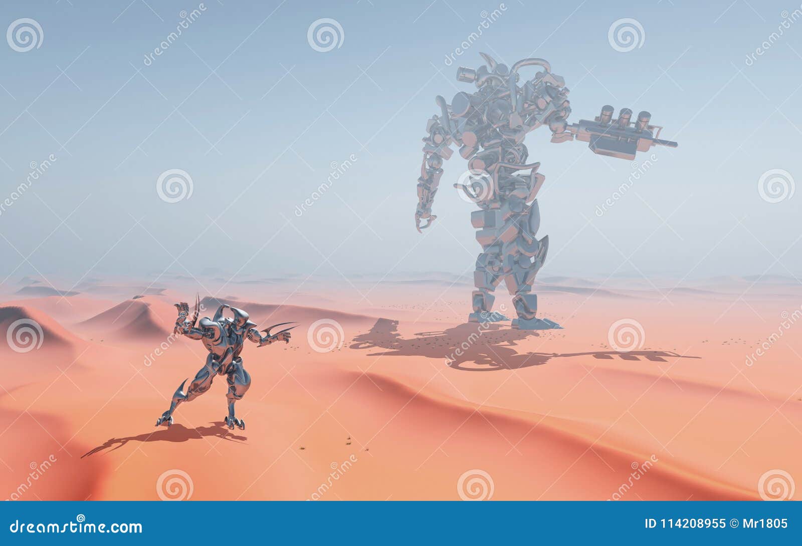 Giant Robots Fighting In A Futuristic City With Humans Royalty-Free ...