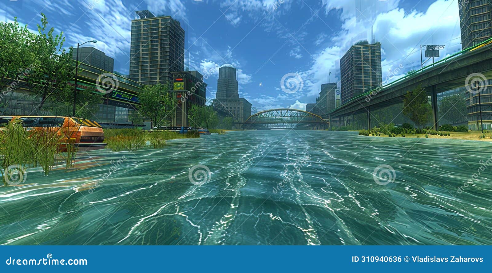 Computer-generated Depiction of a River Flowing through a Bustling ...