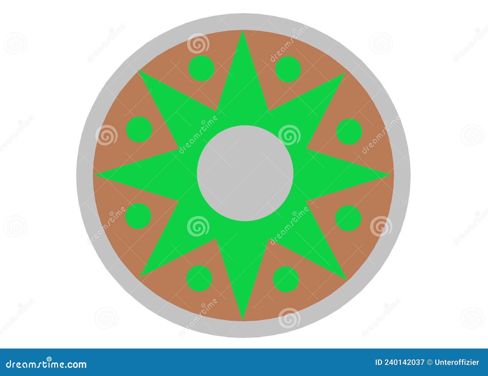 A Round Brown Weapon Shield Design with Green Eight Pointed Star and ...