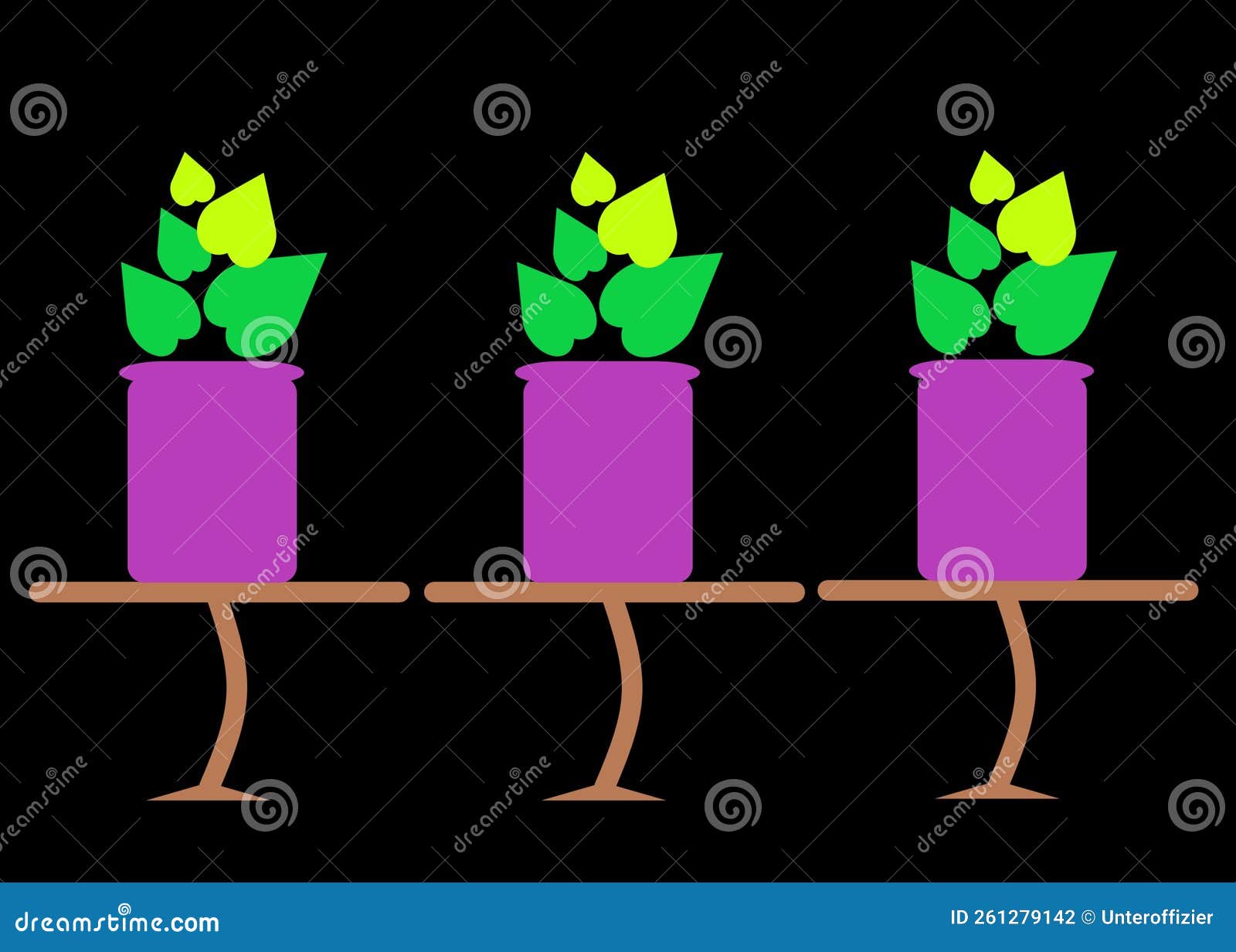 A Row of Three Identical Magenta Violet Purple Pot Potter Holders with ...