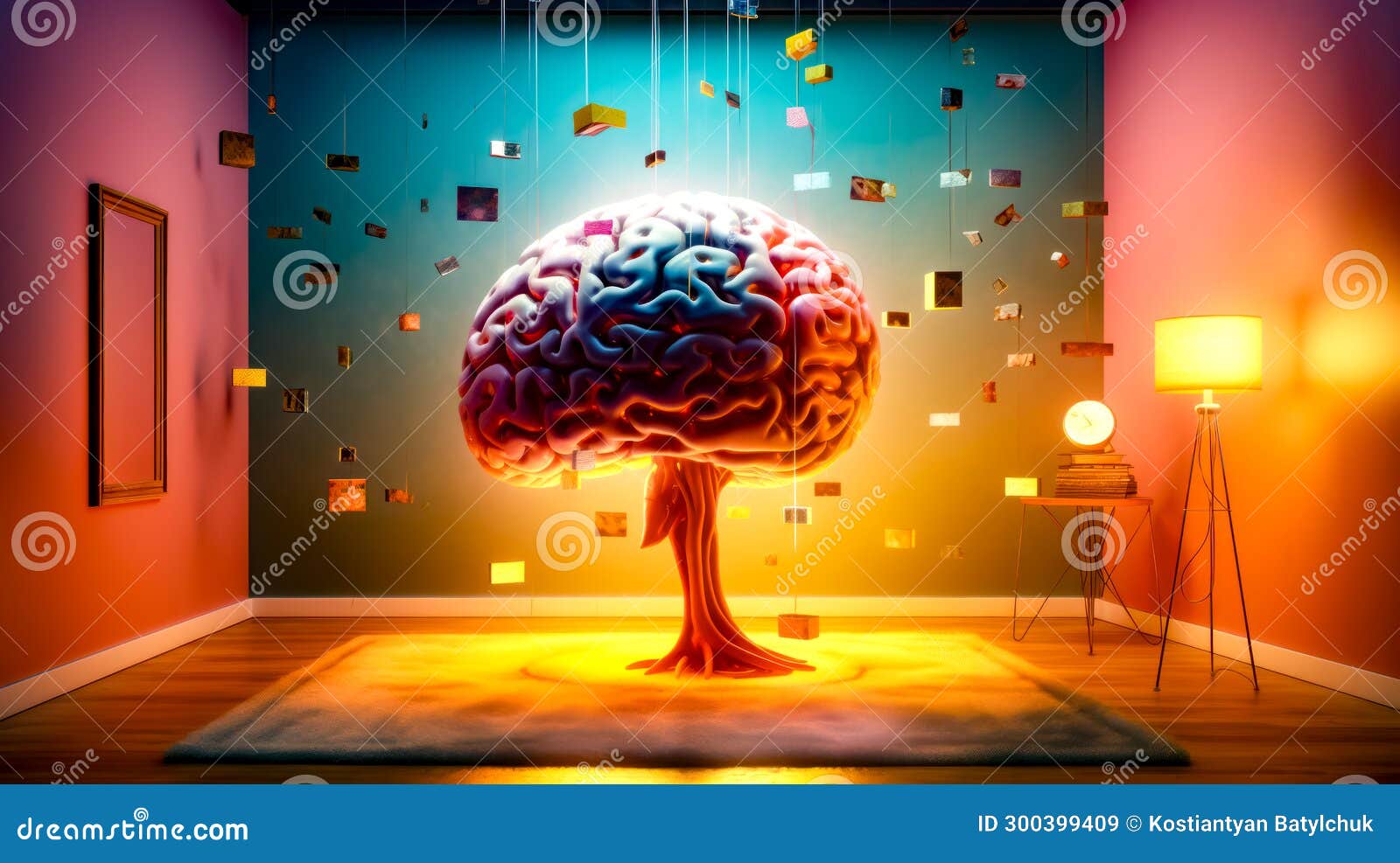 Computer Generated Image of Brain in Room with Sticky Notes All Over ...