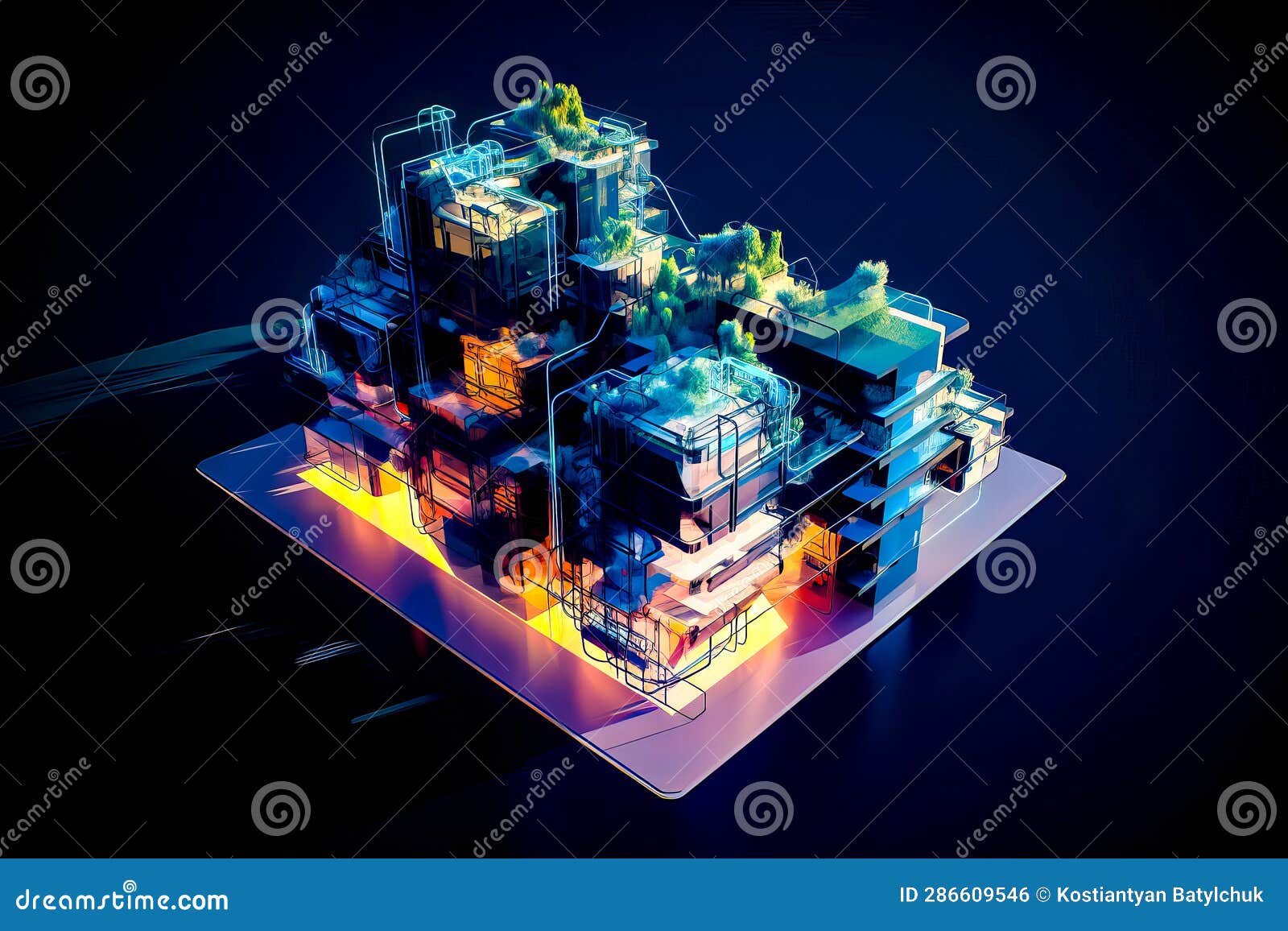Computer Generated Image of Building with Lot of Windows and Plants on ...