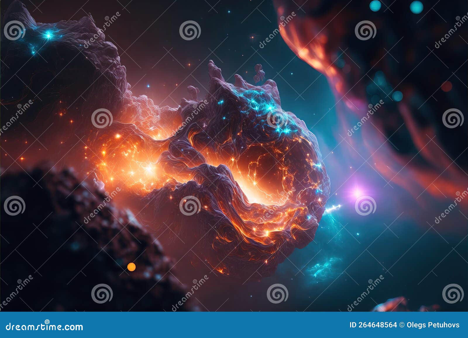 A Computer Generated Image of a Cluster of Stars and a Planet in Space ...