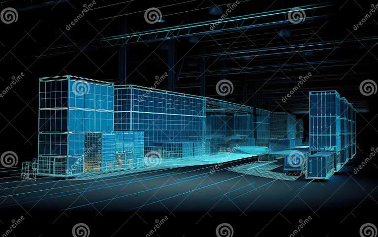 A Computer Generated Image Depicting a Warehouse Filled with Blue Boxes ...