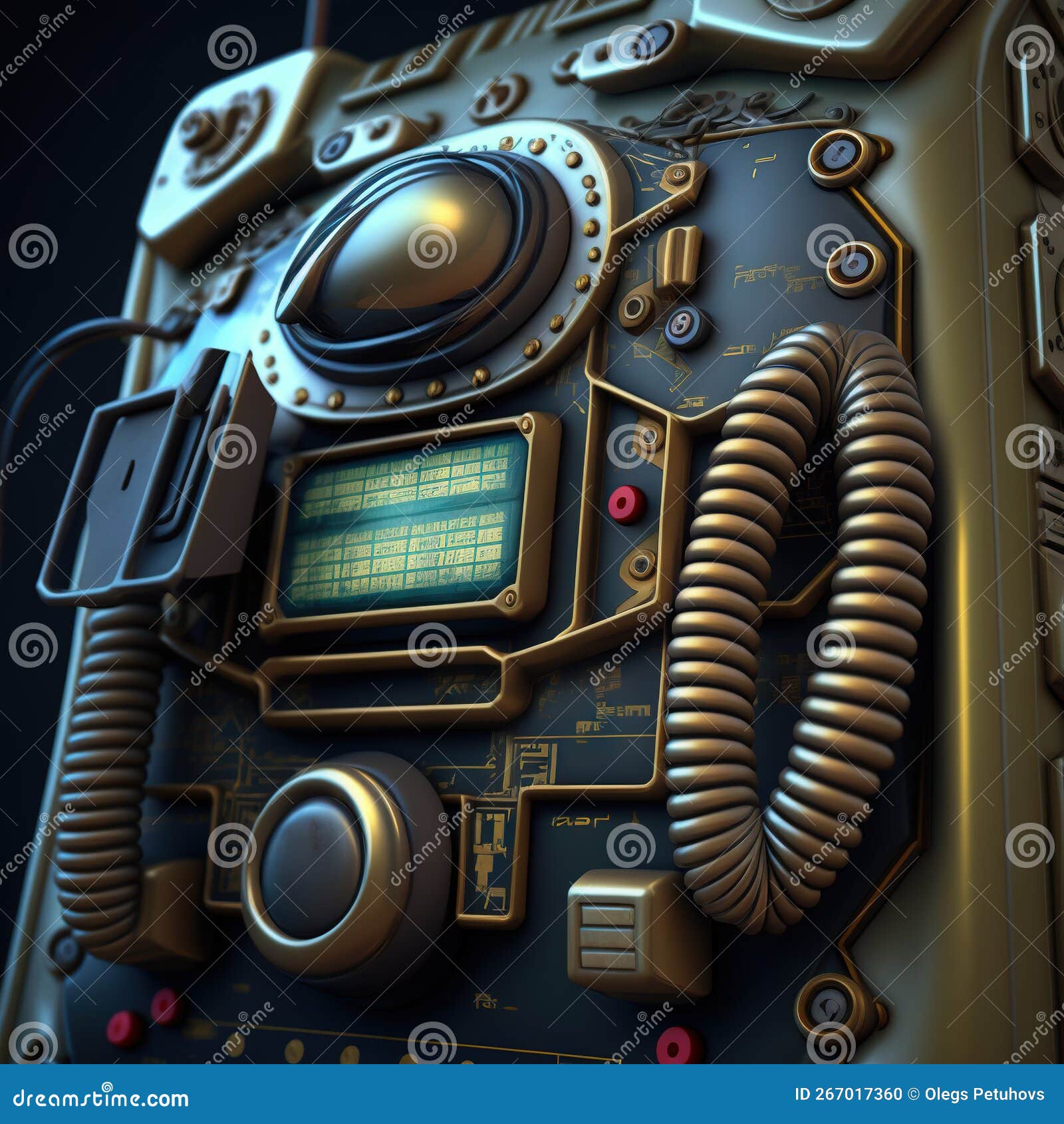 A Computer Generated Image of a Gold and Black Robot Face with a Green ...