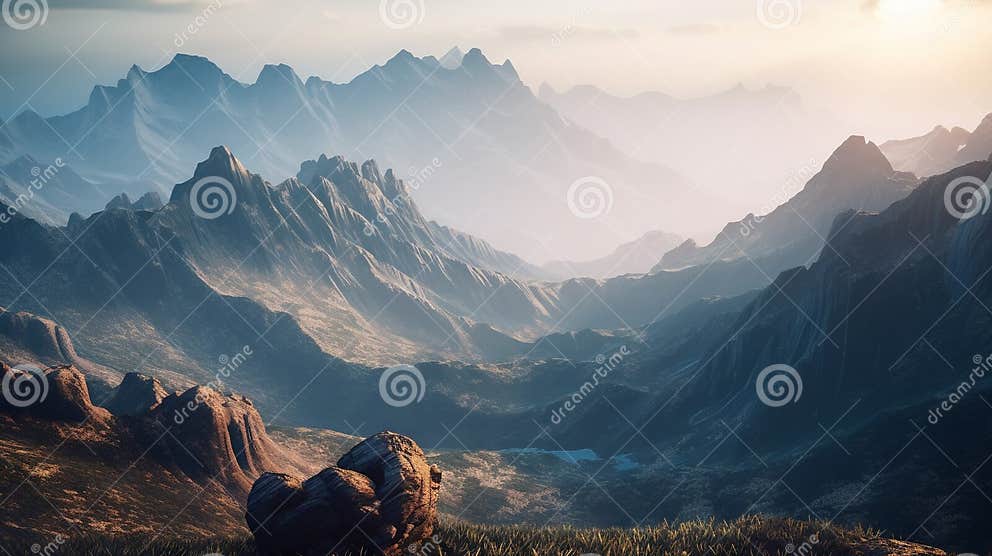 A Computer Generated Image of a Mountain Range in the Distance Stock ...