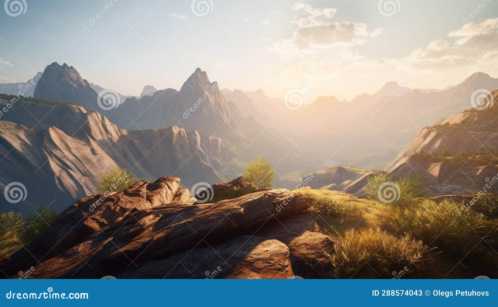 A Computer Generated Image of a Mountain Range with Rocks and Grass ...