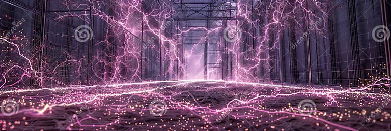 A Computer Generated Purple Lightning Storm in a Warehouse Stock Photo ...