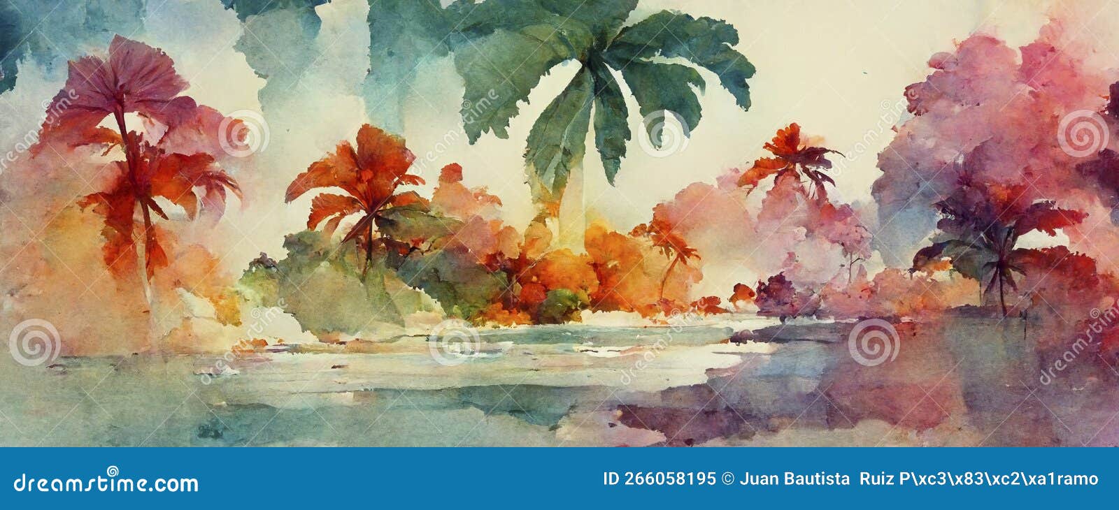 Computer-generated Tropical Landscape Illustration. Watercolors ...