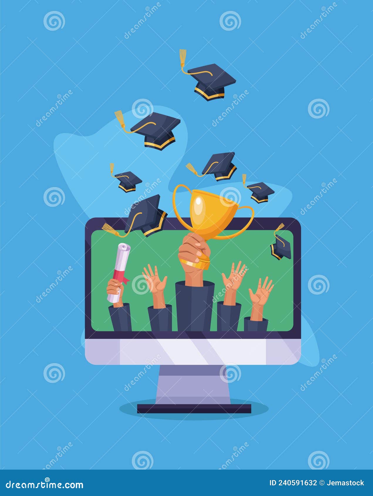 Computer with Graduates Students Hands Stock Vector - Illustration of ...