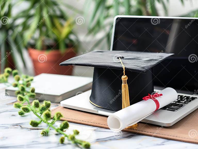 Computer with Graduation Cap and Diploma on Laptop. Copy Space Stock ...