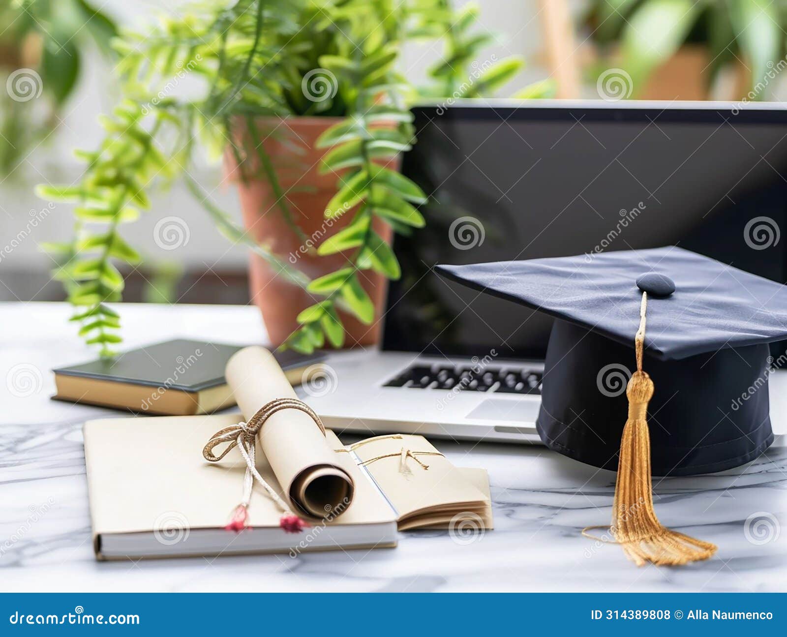 Computer with Graduation Cap and Diploma on Laptop. Online Education ...