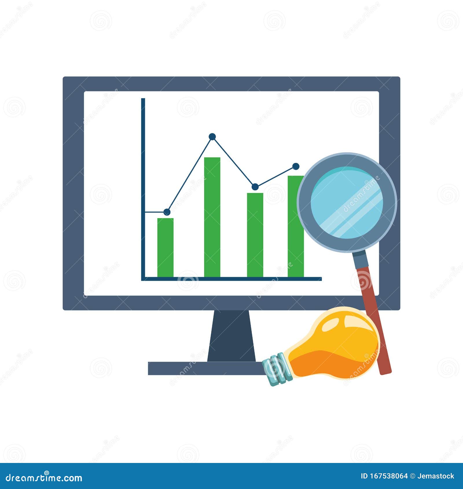 Computer with Graphic Chart and Magnifying Glass Stock Vector ...
